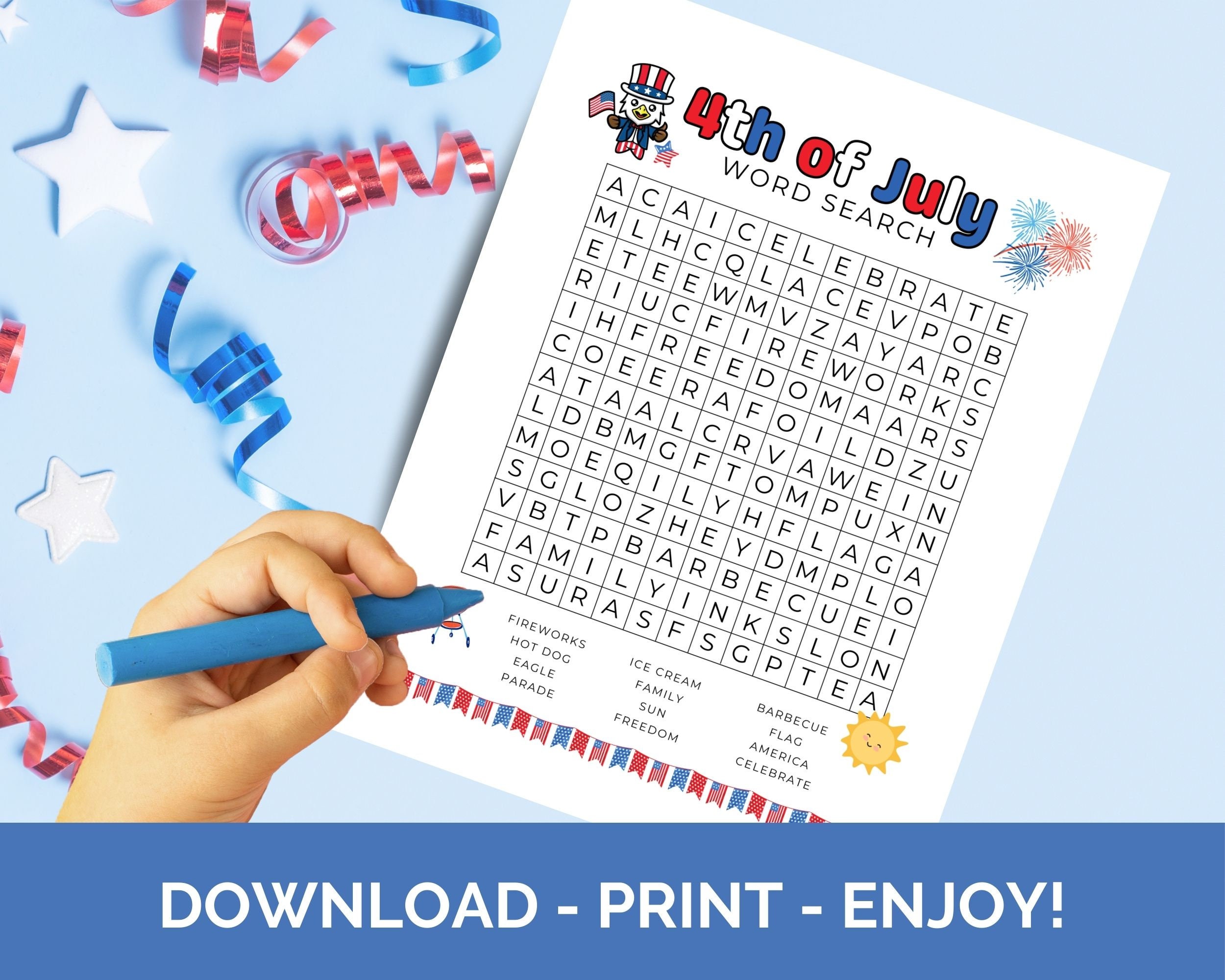4th of July Word Search, Kids Fourth of July Printable, Independence ...