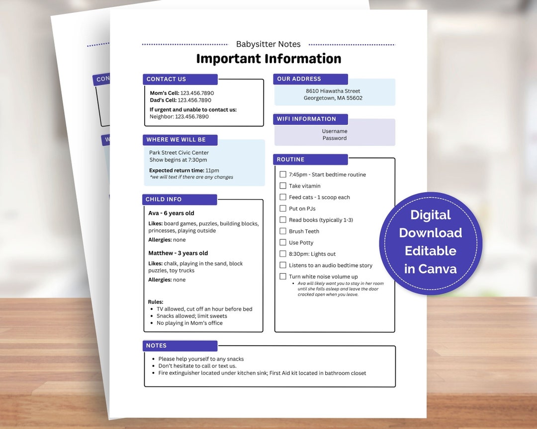 Babysitter Notes Template | Printable Emergency Contact Info | Editable ...