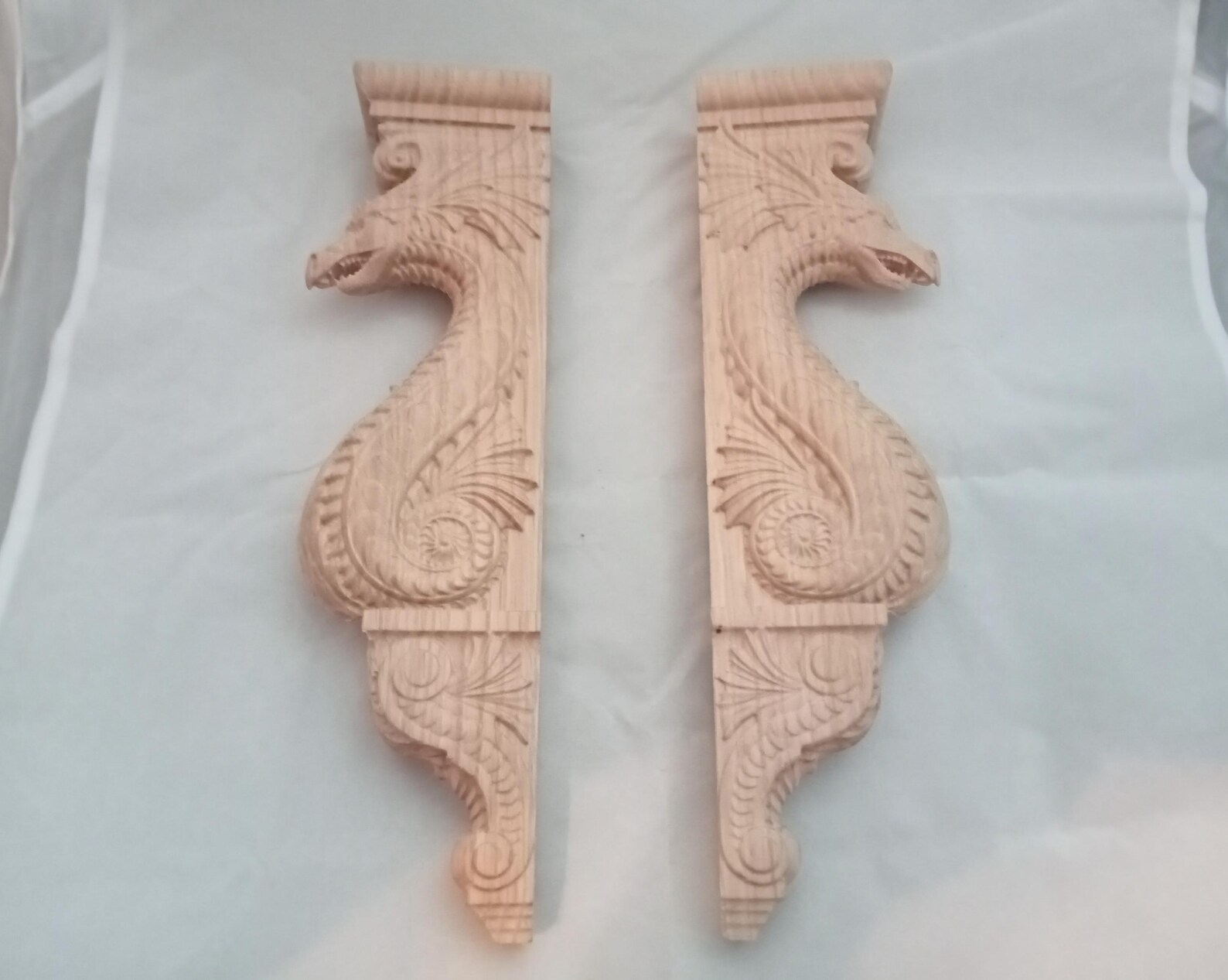 Two Dragon Carved Corbels 14" X 2" X 4" Red Oak - Etsy
