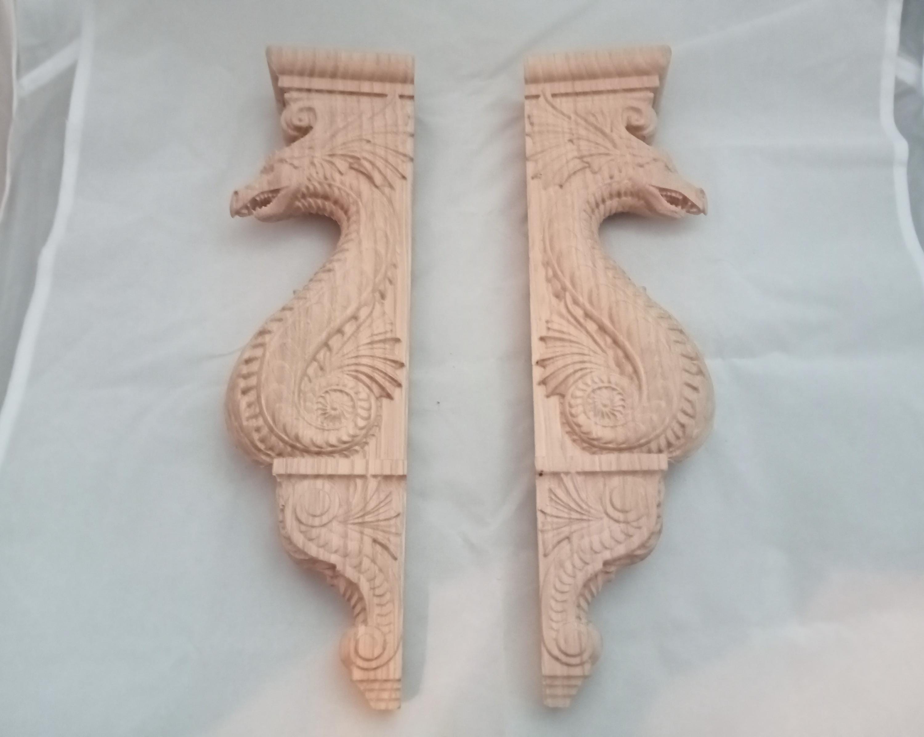 Two Dragon Carved Corbels 14" X 2" X 4" Red Oak - Etsy
