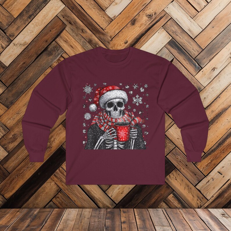 Santa Skeleton Drinking Coffee Long Sleeve Tee | Christmas Skeleton ...