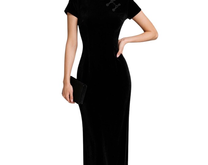 Vtg Velvet Cheongsam Dress Black Qipao Gown Women Maxi High Collar M ...