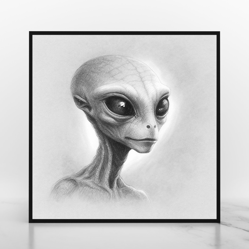 Grey Alien Pencil Drawing Sci-fi Wall Art Black & White ET Printable ...