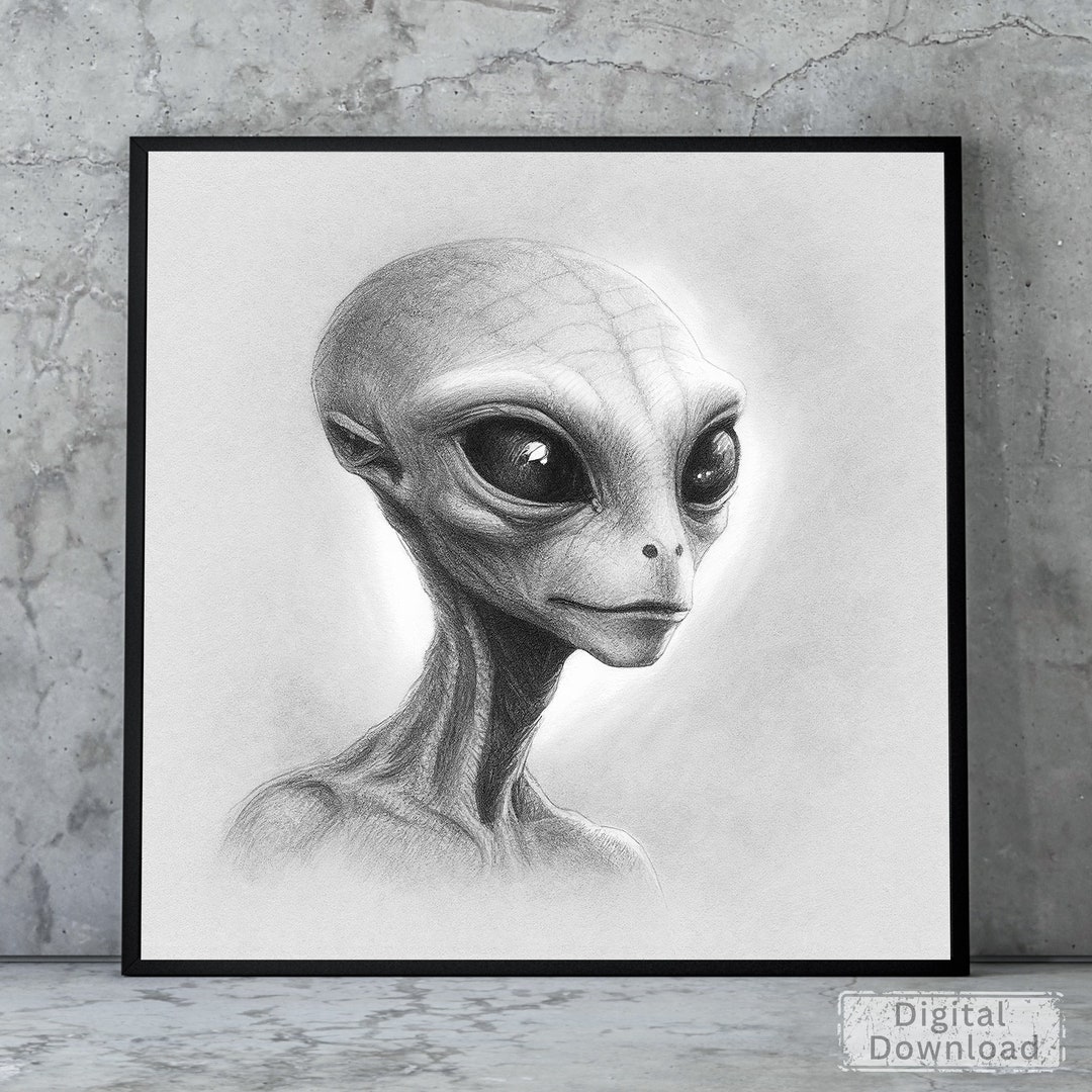 Grey Alien Pencil Drawing Sci-fi Wall Art Black & White ET Printable ...
