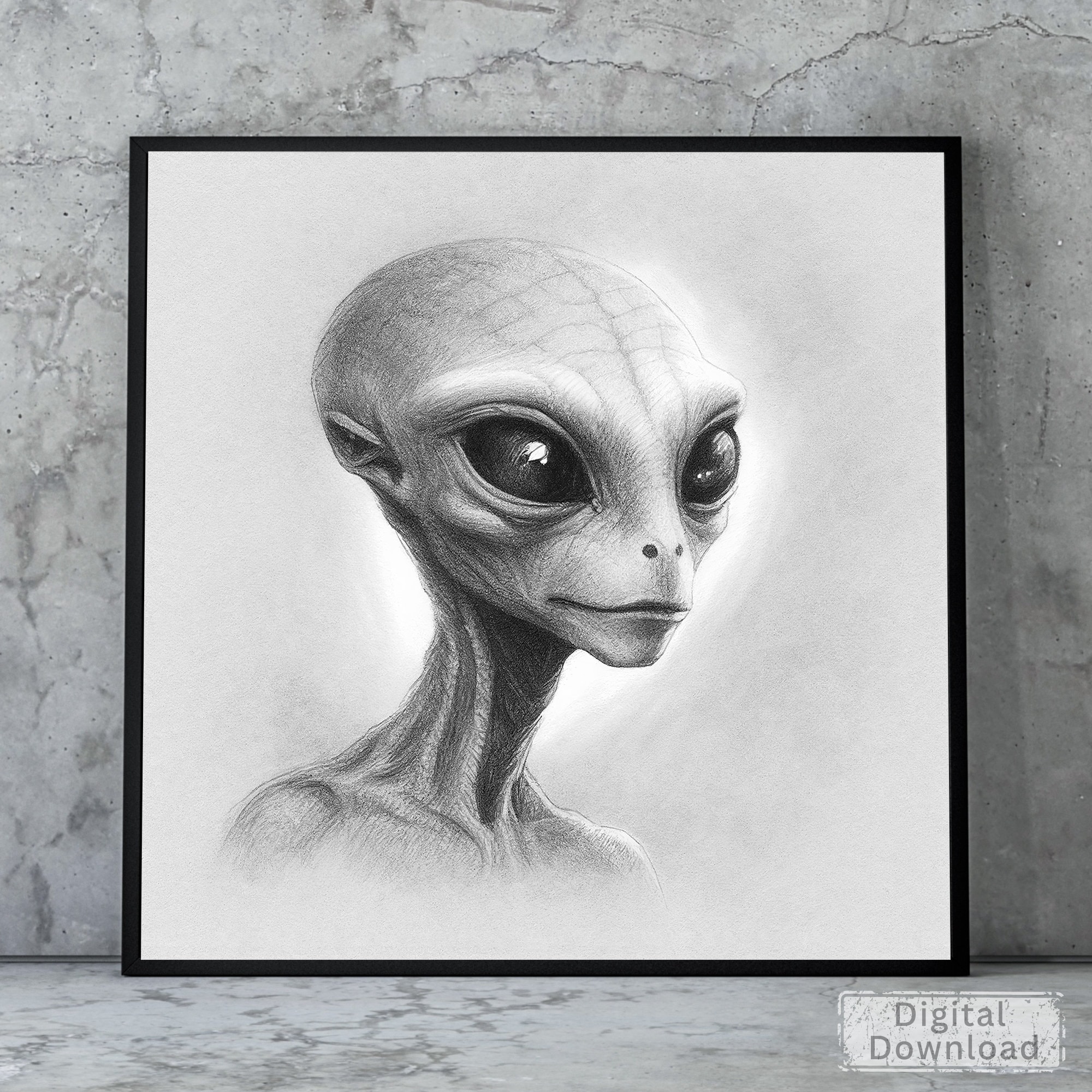 Grey Alien Pencil Drawing Sci-fi Wall Art Black & White ET Printable ...