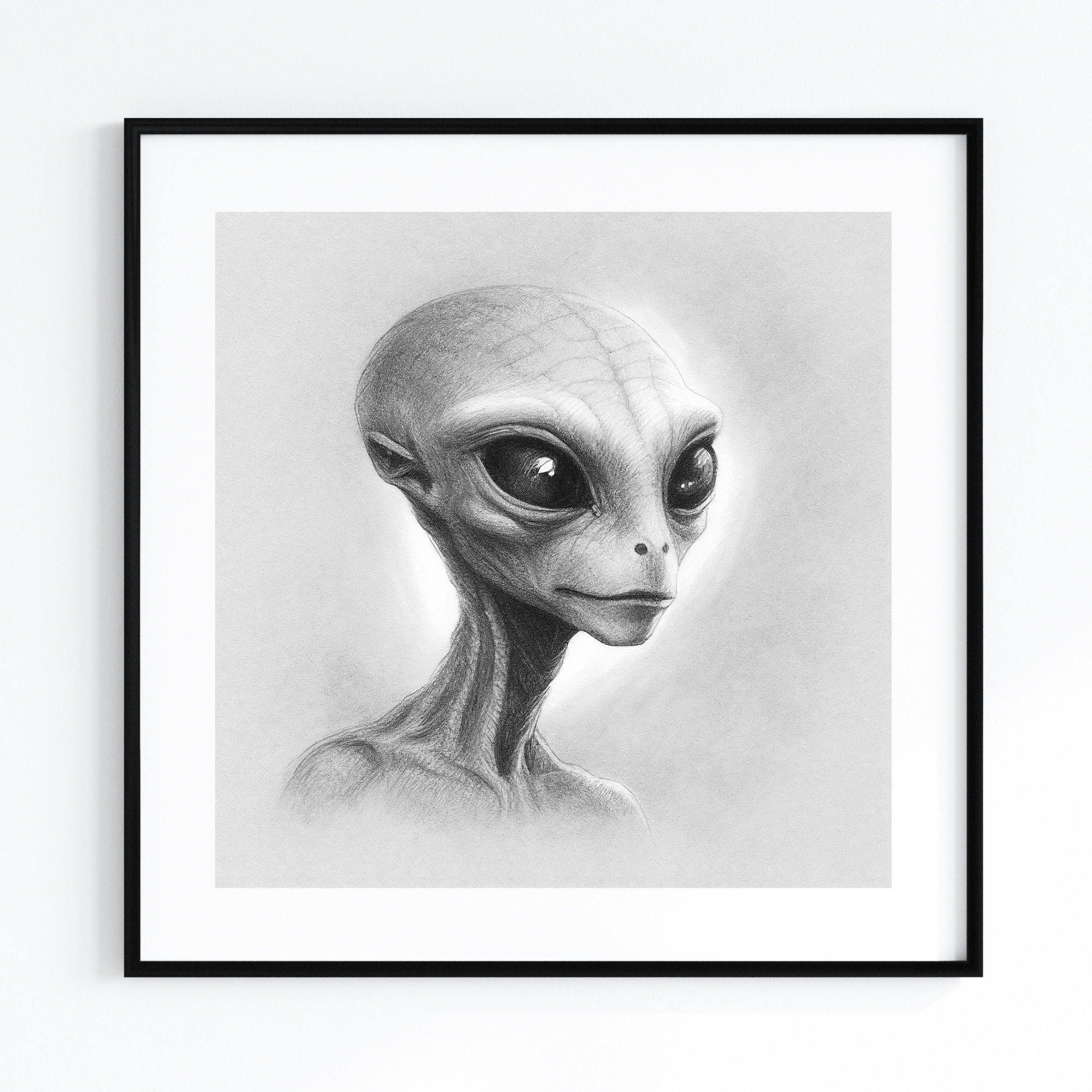 Grey Alien Pencil Drawing Sci-fi Wall Art Black & White ET Printable ...