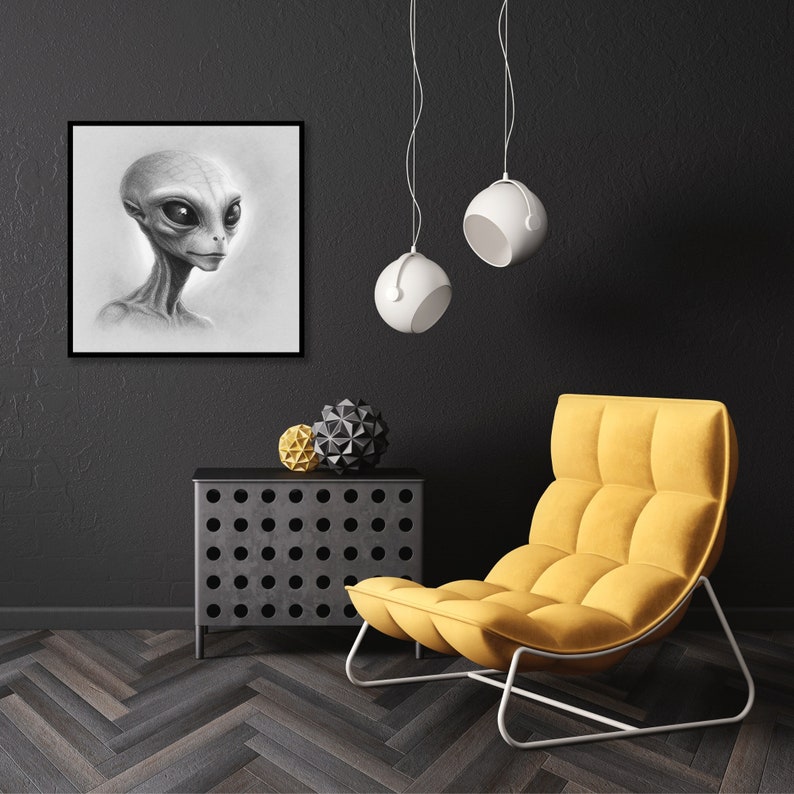 Grey Alien Pencil Drawing Sci-fi Wall Art Black & White ET Printable ...