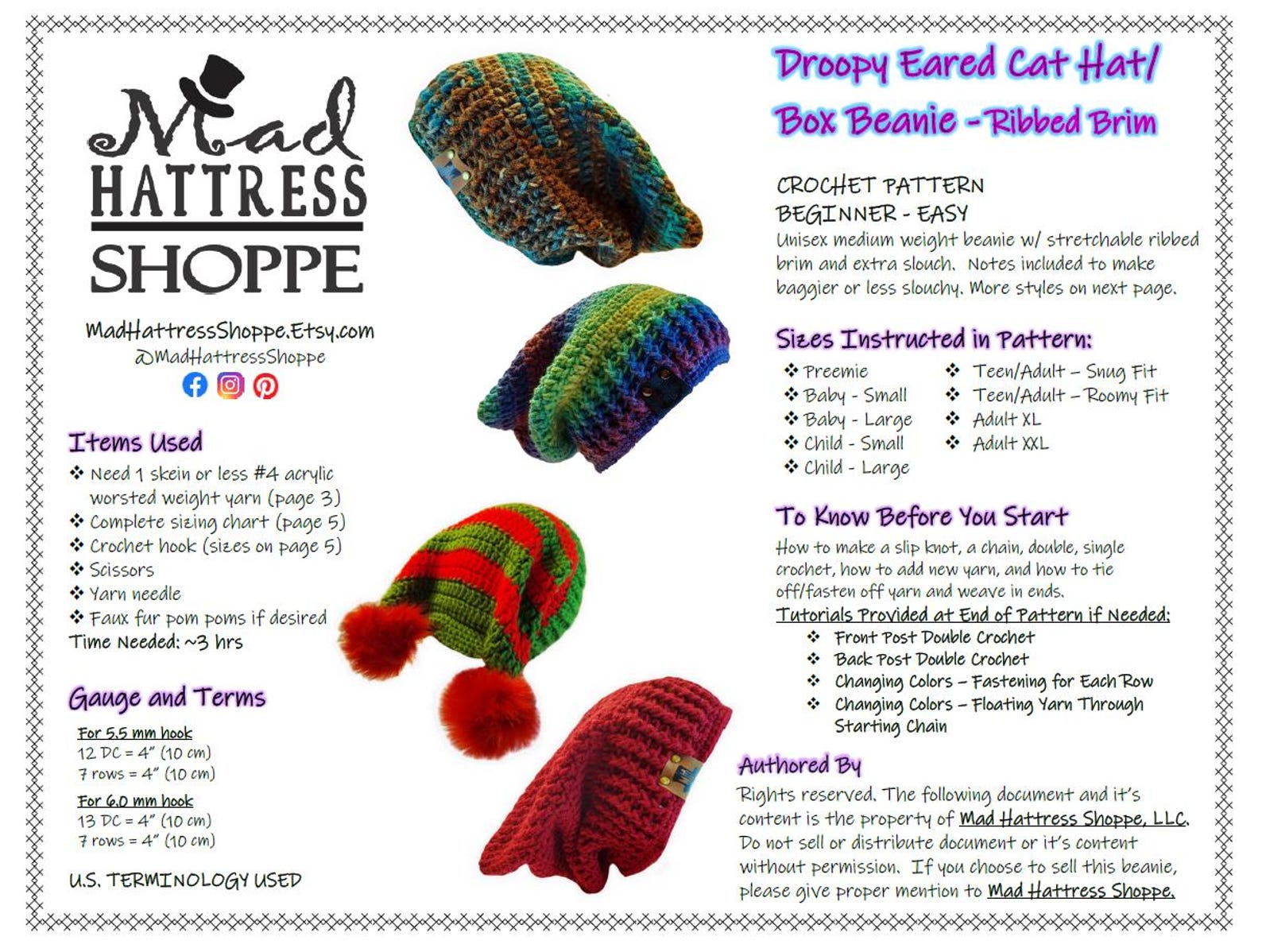 Ribbed Brim Droopy Eared Slouch Beanie CROCHET PATTERN Knit Striped ...