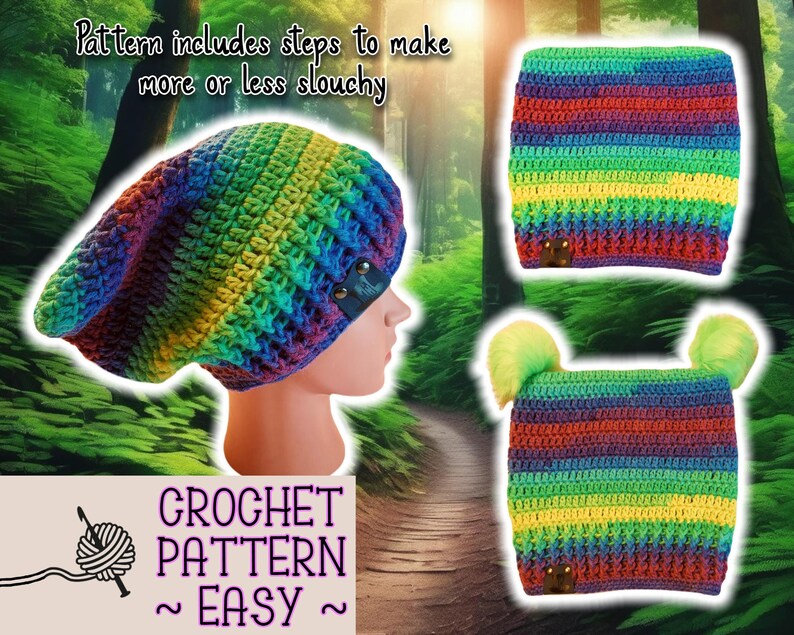 Ribbed Brim Droopy Eared Slouch Beanie CROCHET PATTERN Knit Striped ...