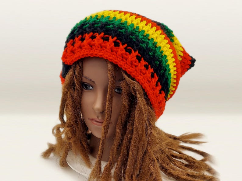 Slouchy Rasta Beanie, Dreadlock Tam, Striped Boho Hat, Jamaican Style ...