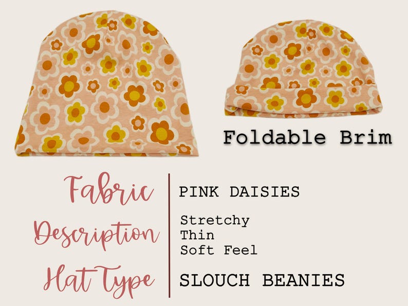 70s Vintage Slouch Beanie With Pink Daisies, Light Breezy Spring Hat ...