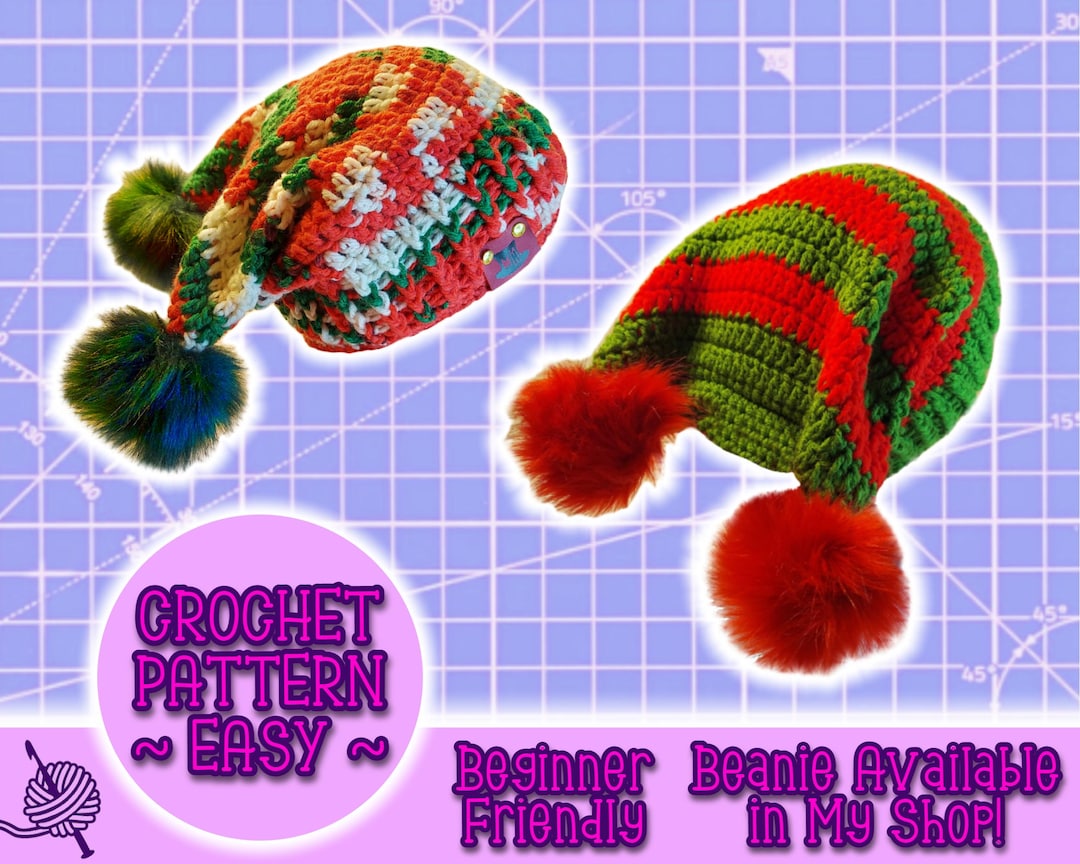 PATTERN Ribbed Brim Droopy Cat Eared Slouch Beanie, Striped Santa Hat ...