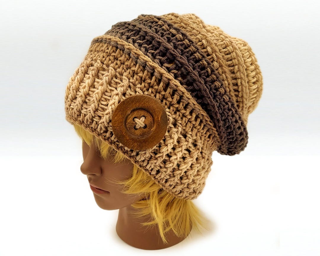Latte Ombre Slouchy Beehive Button Beanie, Custom Crochet, Unisex Knit ...