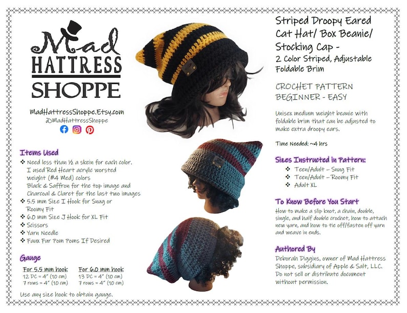 PATTERN Droopy Eared Slouchy Box Hat, Unisex Beanie, Knit Striped Cat ...