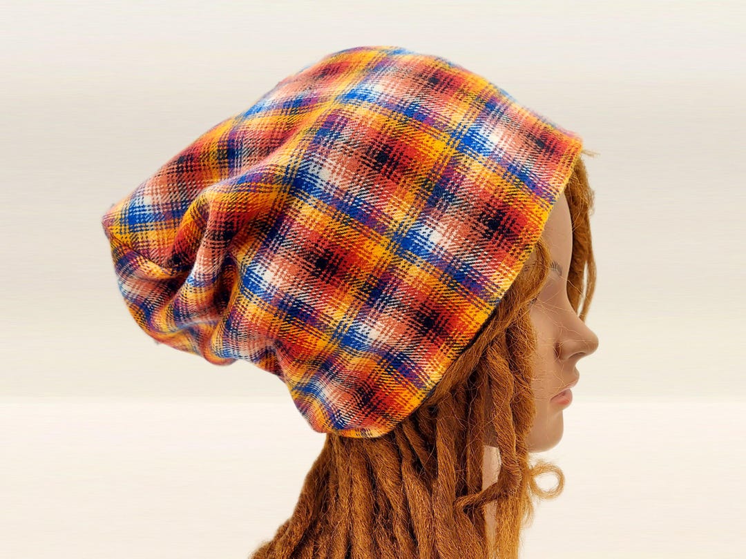 Sunset Plaid Flannel Slouch Beanie - Unisex Foldable Brim Cap, Hipster ...
