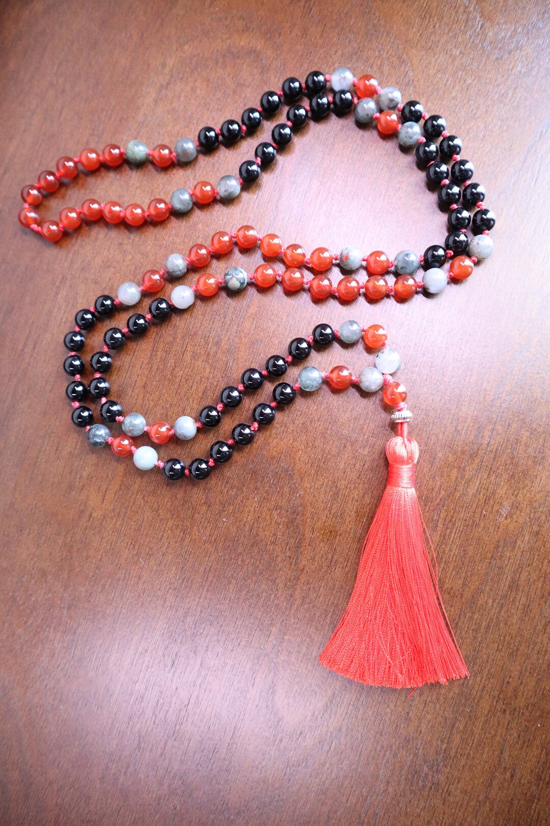 Onyx, Carnelian, and African Bloodstone Mala, 108 Gemstone Hand Knotted ...