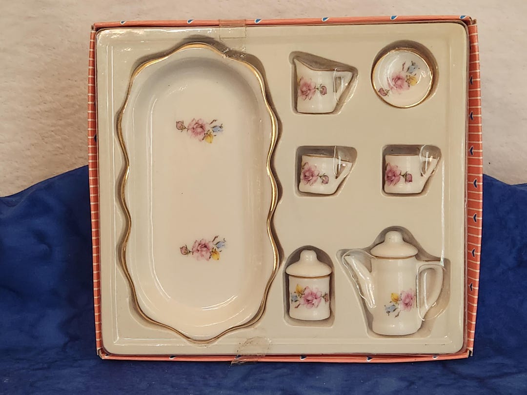 White With Pink Yellow and Blue Miniature Porcelain Tea Set Home Décor ...