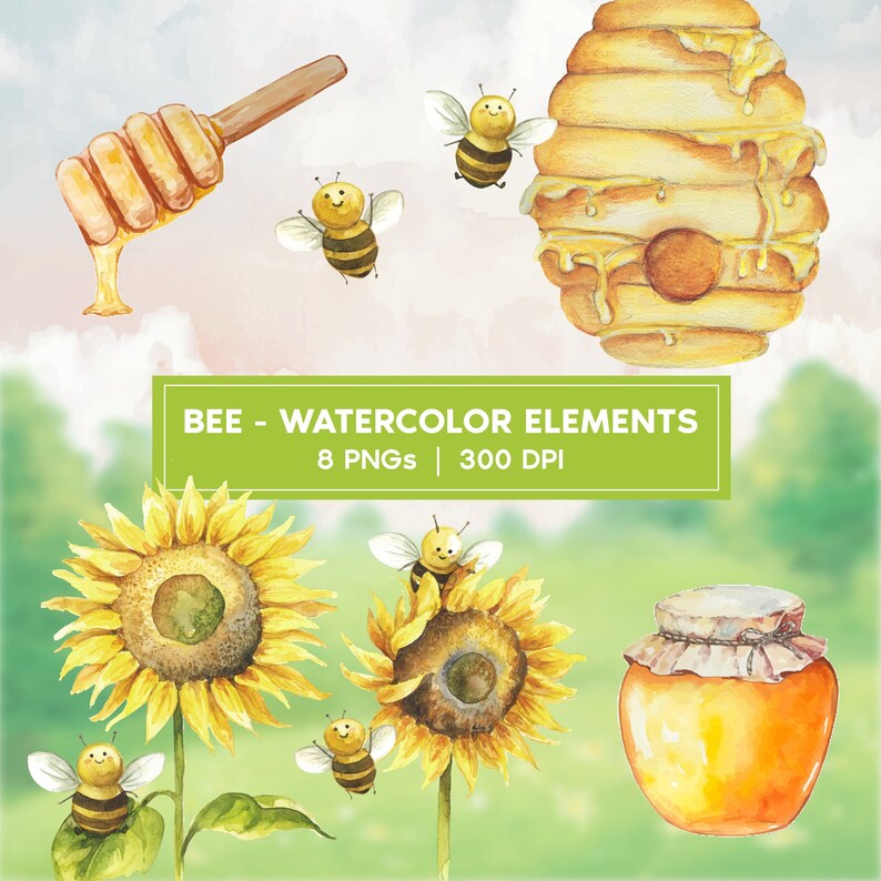Bee Watercolor Elements Set, PNG, Digital Download - Etsy