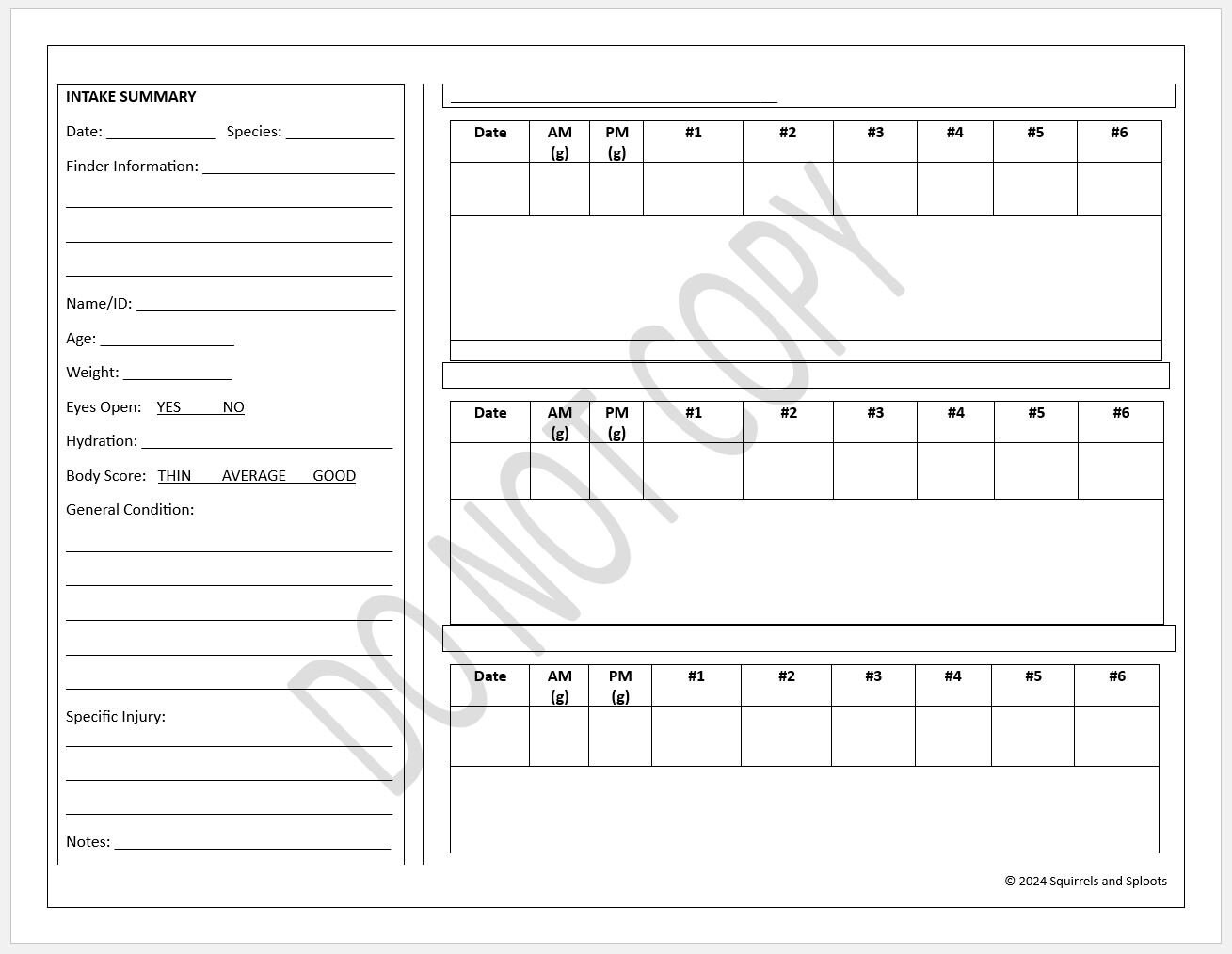 Wildlife Rehab Intake Form: Squirrel & Animal Care Record (templates ...