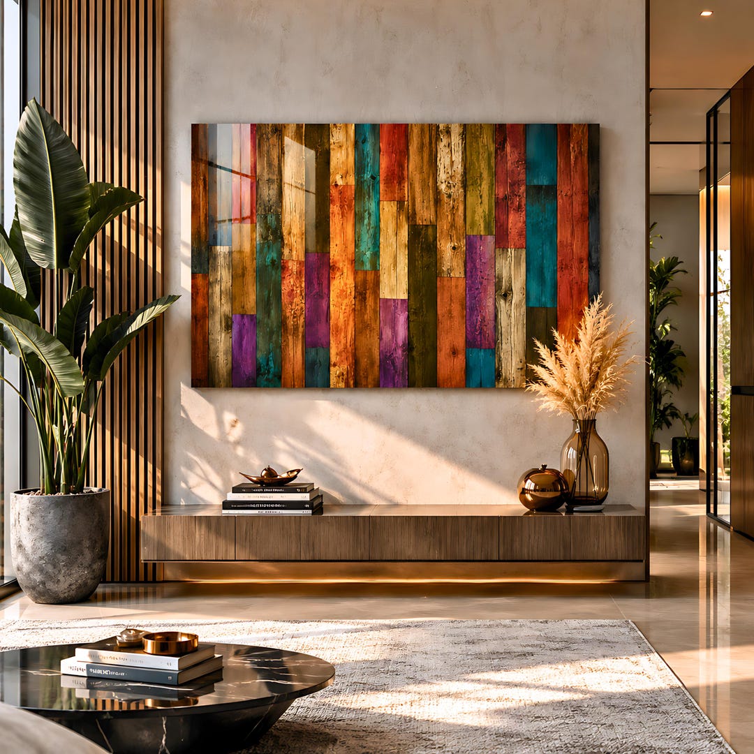 Colorful Wood Texture Glass Wall Art, Rustic Abstract Wooden Panel ...