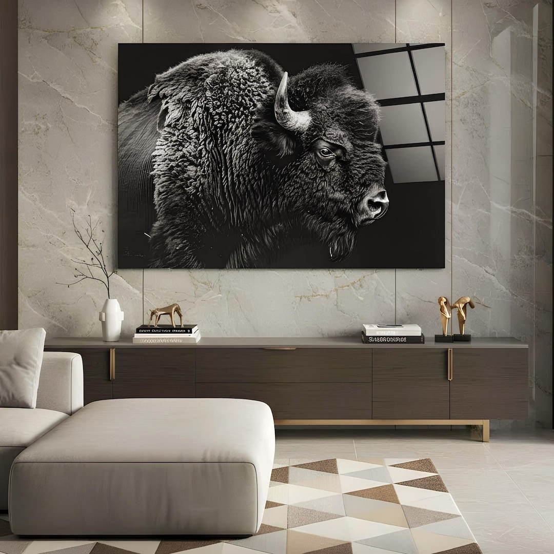 Bison Glass Wall Art, Black Buffalo Wall Decor, Wildlife Nature Artwork ...
