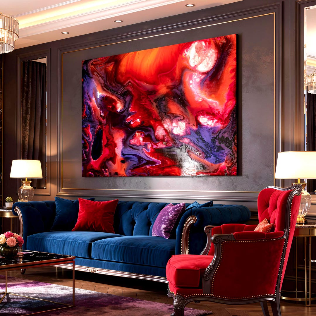 Abstract Red Marble Glass Wall Art, Red Fluid Pour Painting Style Decor ...