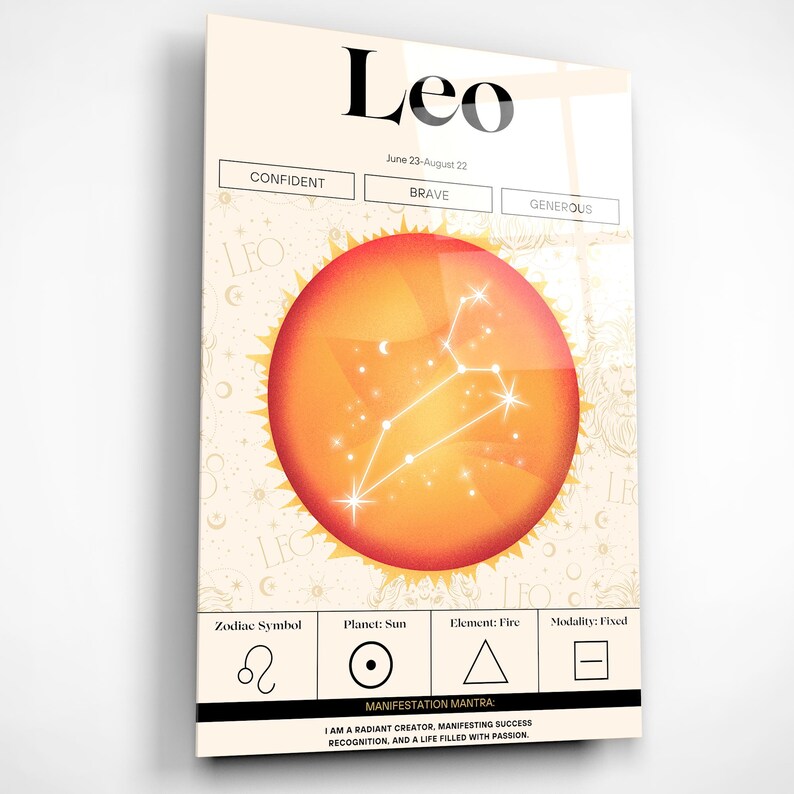 Leo Zodiac Sign Glass Wall Art: Astrology Home Decor, Mystical Art ...