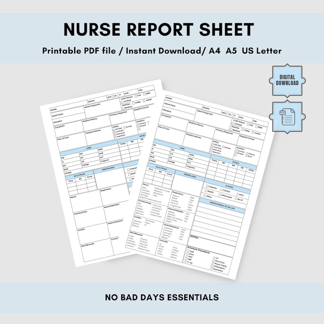 ICU Nurse Report Sheet Med Surg Digital Download Nursing Report Sheet Nurse Brain Sheet ...