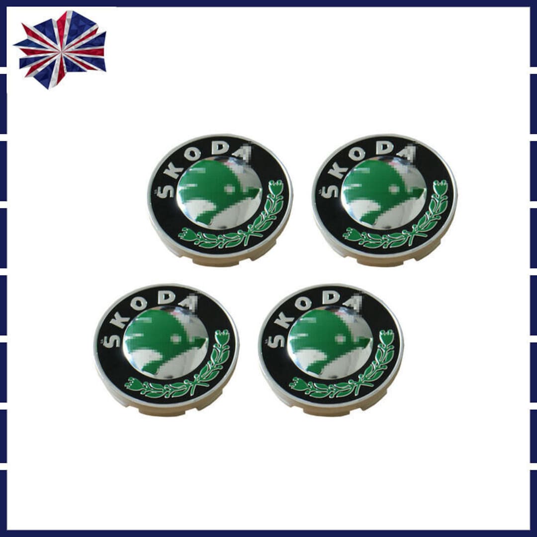 4x SKODA Wheel Centre Cap Hub Alloy New Center Cap 56mm Black / Green ...
