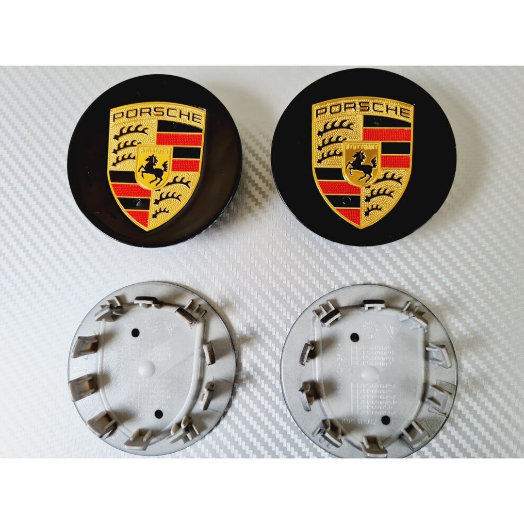 4 X Porsche Wheel Centre Caps 76mm Black / Gold Please Make Sure You ...