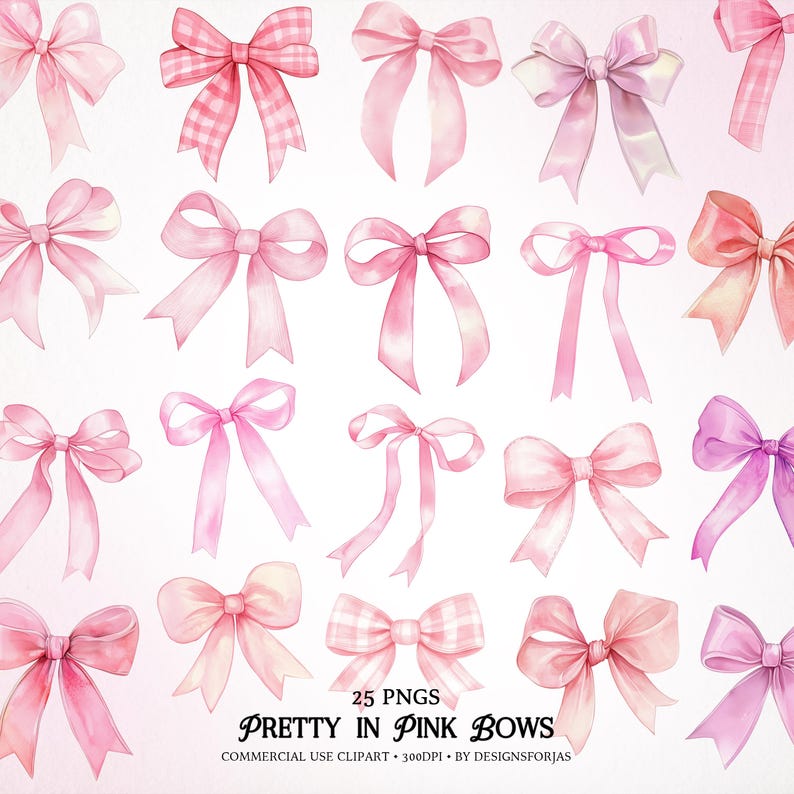 Watercolor Pastel Pink Bow Clipart: Coquette Ribbon Pngs (digital ...