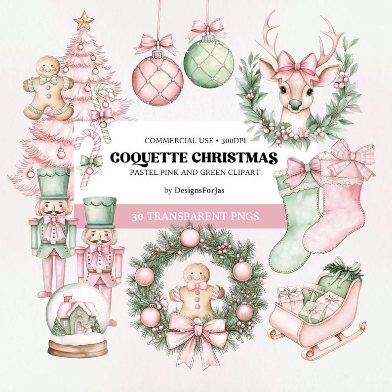 Coquette Christmas Clipart: Pastel Pink Watercolor PNG (digital ...