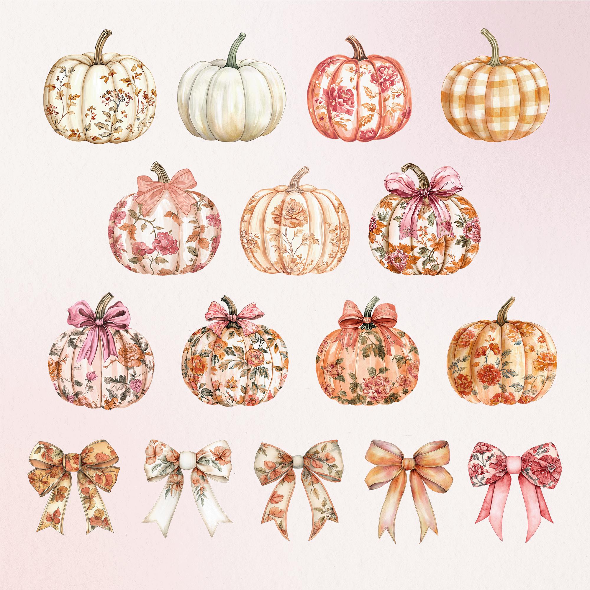 Fall Pumpkin & Bow Clipart Set: Grandmillennial Autumn PNG (digital ...