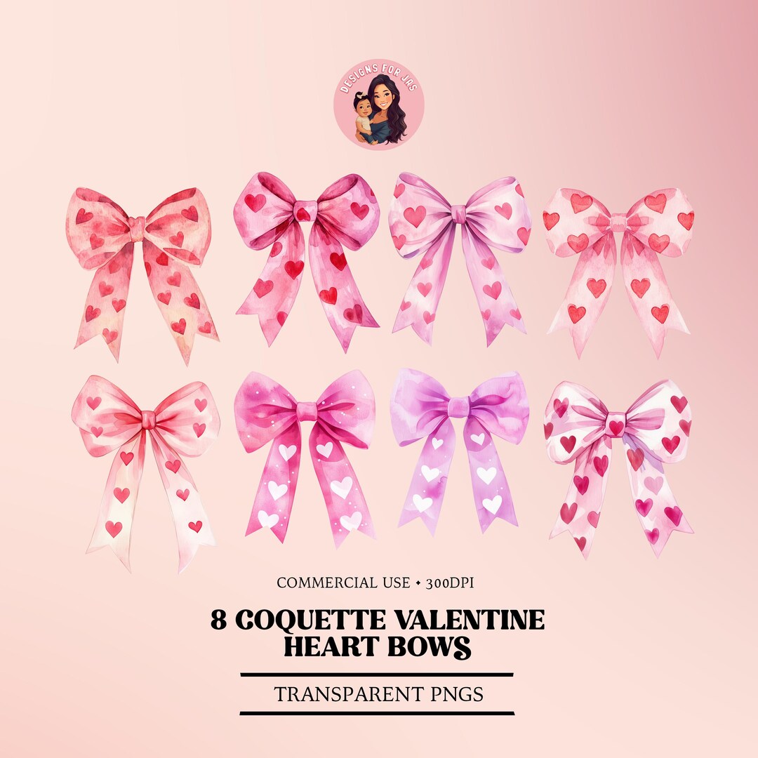 Coquette Valentine Heart Bow PNG Clipart: Watercolor Bows (digital ...
