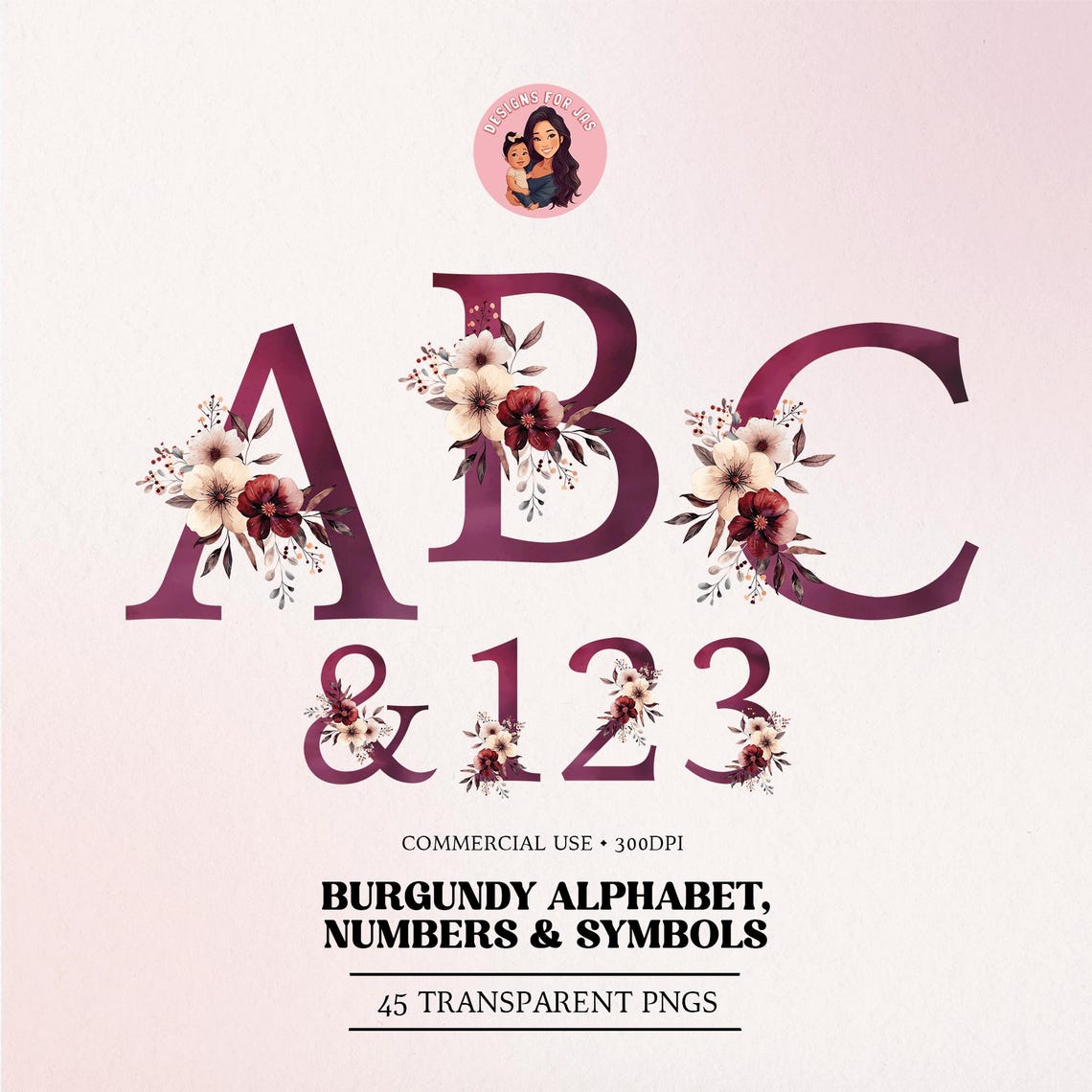 Burgundy Floral Alphabet Clipart: Watercolor Letters, Numbers (PNG ...