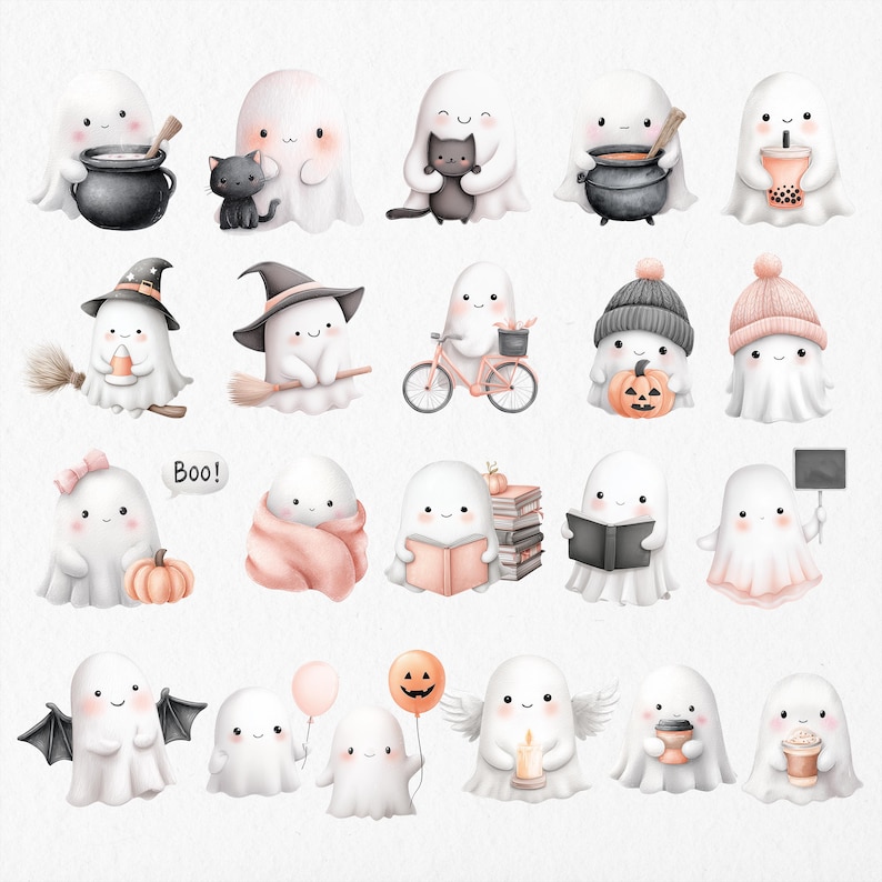 Cute Ghosts Clipart Pastel Halloween Clipart Spooky PNG Cute Ghost PNG ...