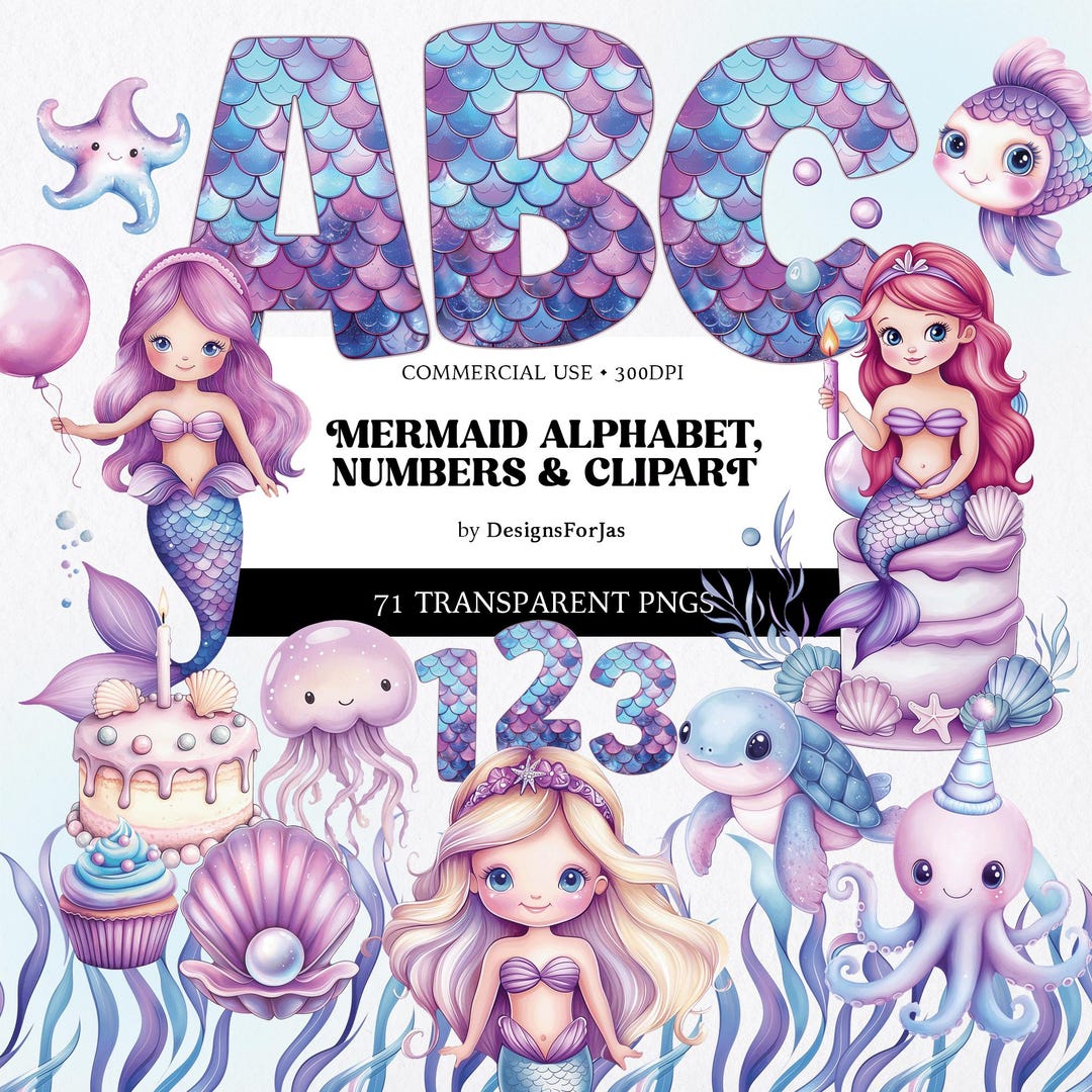 Mermaid Alphabet Clipart: Under the Sea Letters & Numbers (PNG Digital ...