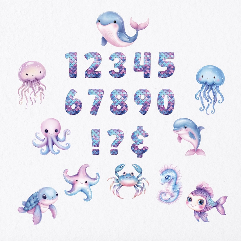Mermaid Alphabet Clipart: Under the Sea Letters & Numbers (PNG Digital ...
