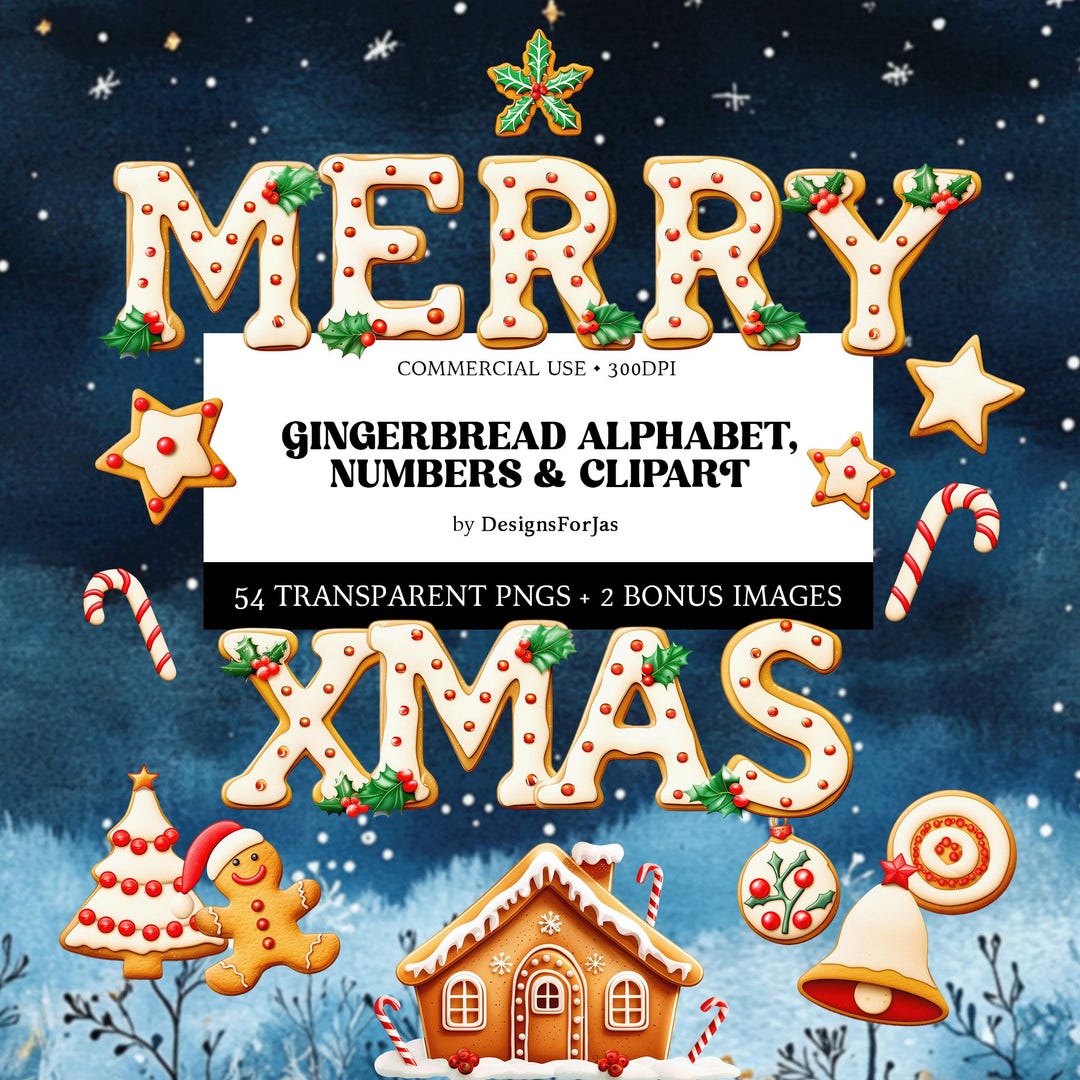 Gingerbread Christmas Alphabet Clipart: Cookie Letters & Numbers (PNG ...