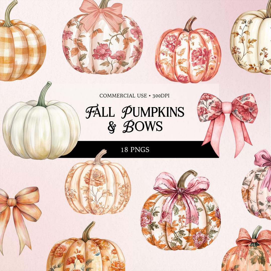 Fall Pumpkin & Bow Clipart Set: Grandmillennial Autumn PNG (digital ...