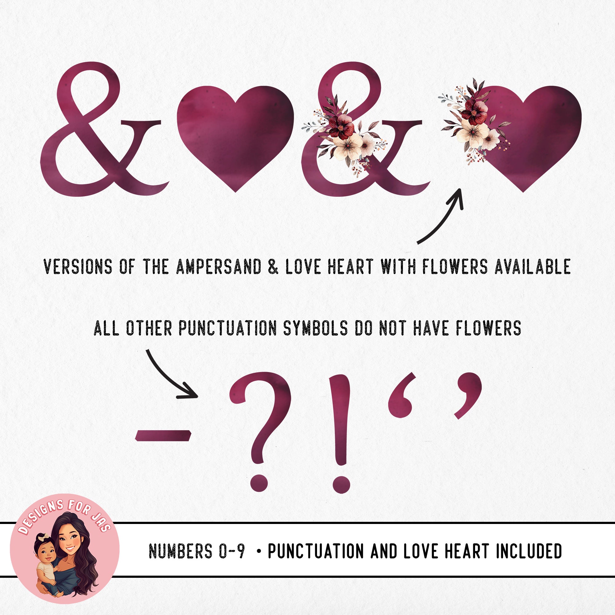 Burgundy Floral Alphabet & Numbers Clipart, Watercolor Floral Alphabet ...