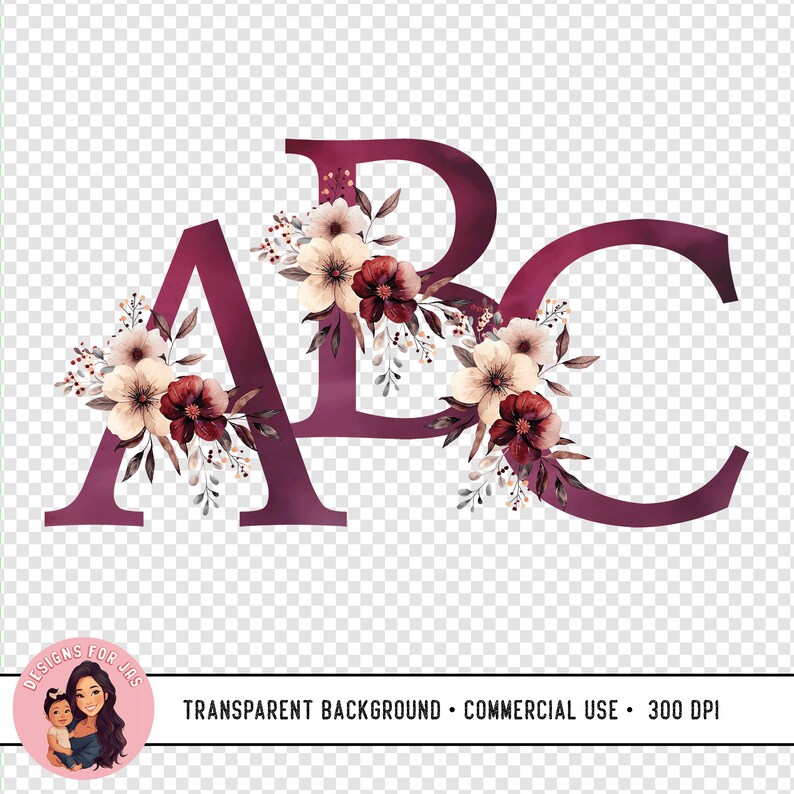 Burgundy Floral Alphabet & Numbers Clipart, Watercolor Floral Alphabet ...