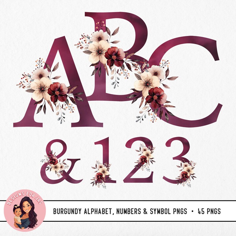 Burgundy Floral Alphabet & Numbers Clipart, Watercolor Floral Alphabet ...