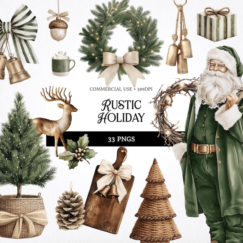 Rustic Christmas Clipart Set, Watercolor Holiday PNG Bundle, Farmhouse ...