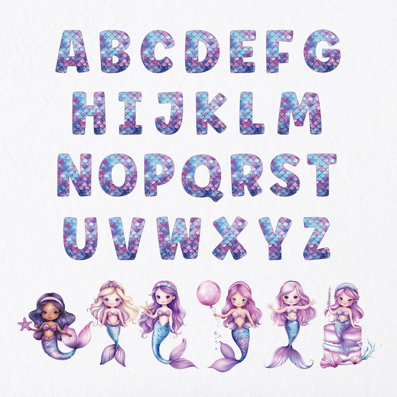 Mermaid Alphabet Clipart: Under the Sea Letters & Numbers (PNG Digital ...