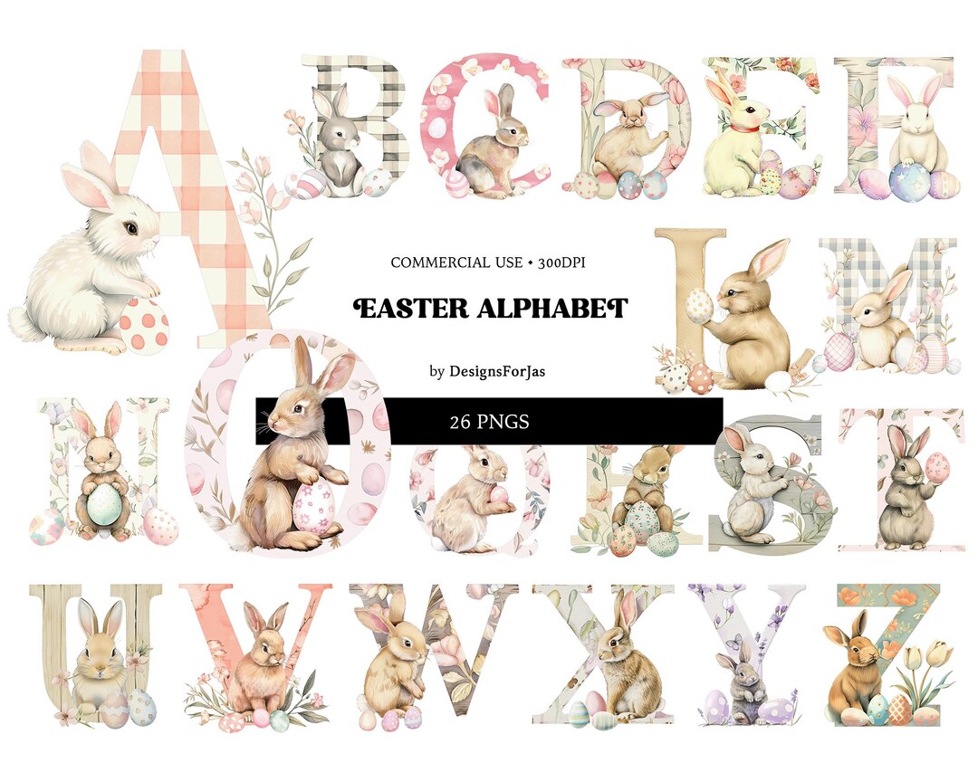 Watercolor Easter Alphabet PNG Clipart: Bunny & Floral Letters (digital ...