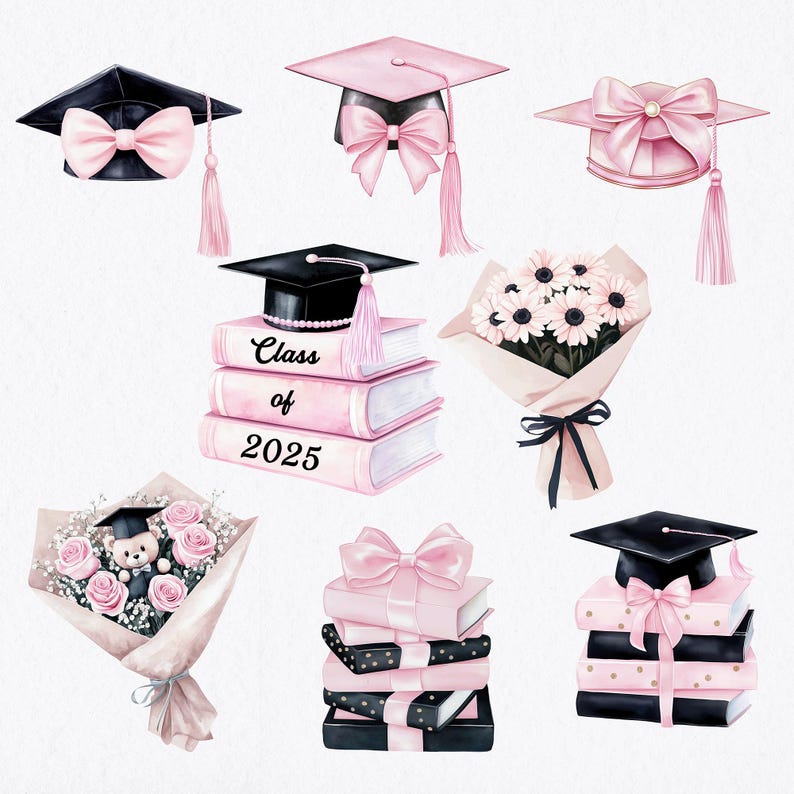 Coquette Graduation Clipart: Pink Grad Caps, Diplomas (PNG Digital ...