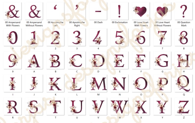 Burgundy Floral Alphabet Clipart: Watercolor Letters, Numbers (PNG ...