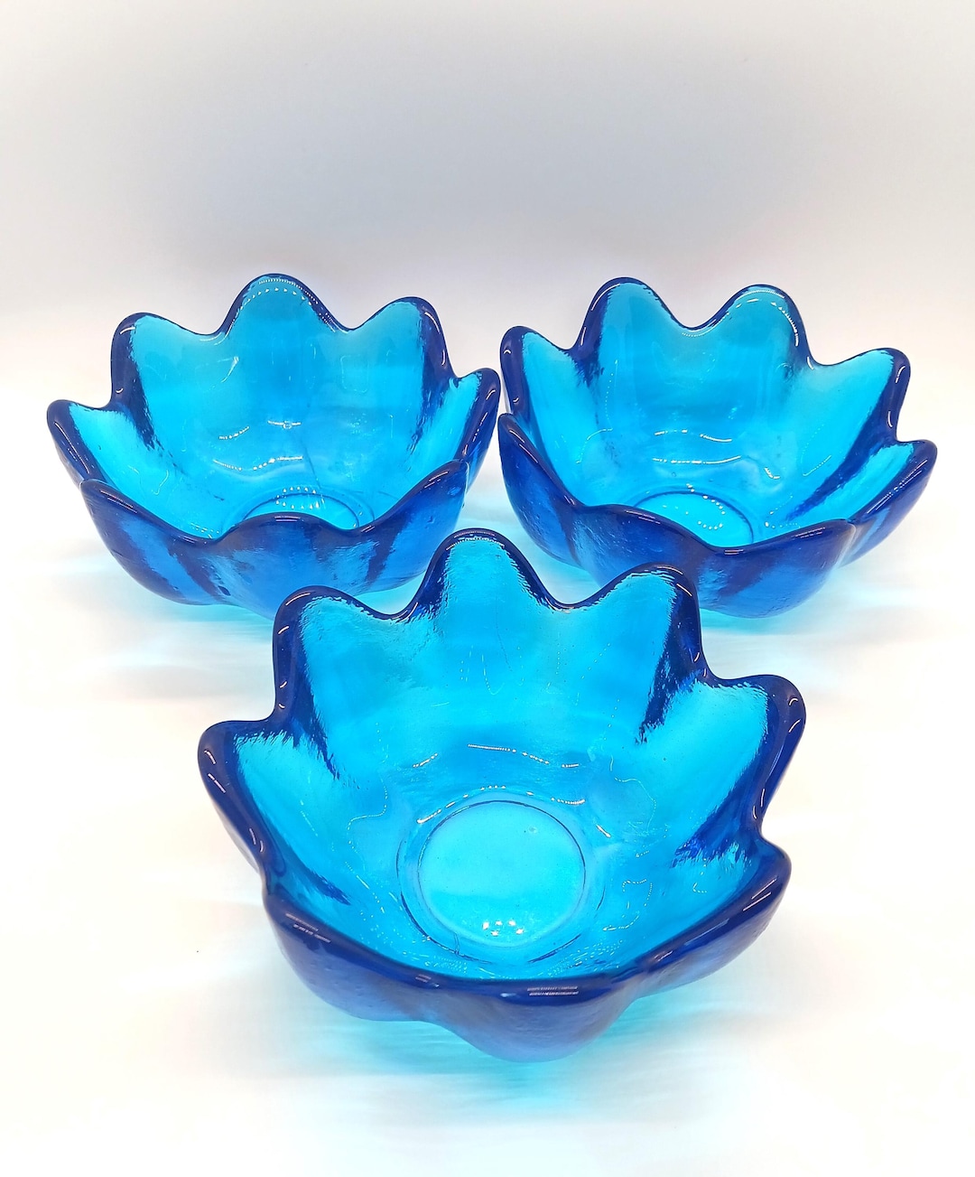 Vintage Blenko Lotus Glass Bowls Set of 3 Blue Salad Petal Bowls Gift ...