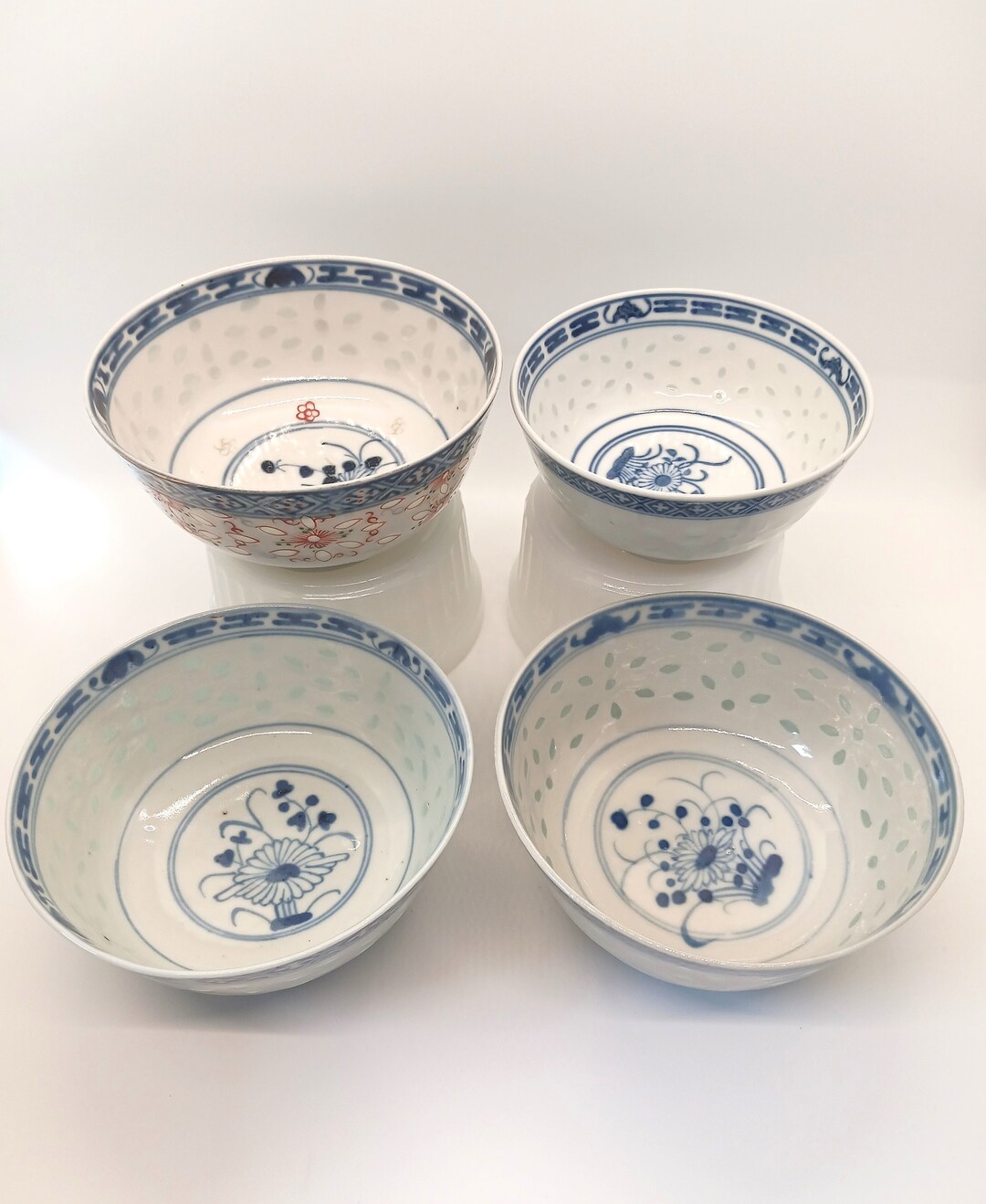 4 Vintage Porcelain Rice Grain Bowls Translucent Vintage Soup Bowl Blue ...